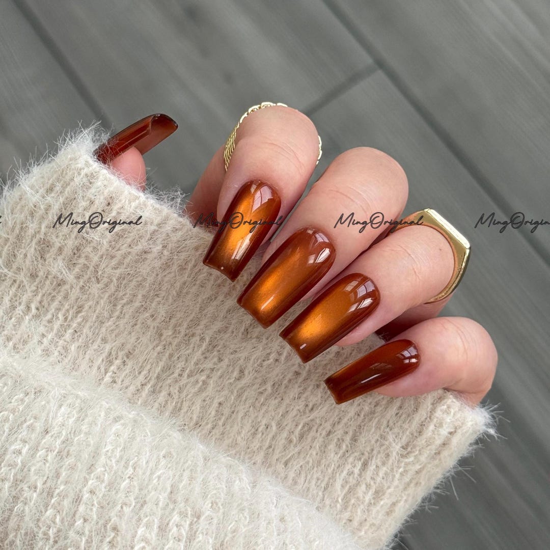Da Amber Press on Nails, Amber Cat Eye Nail, Brown Nails, Reuse Nails ...