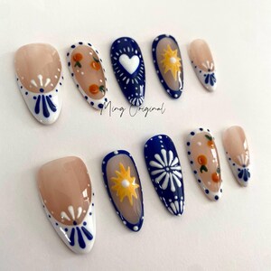 Boho Patch Work French Tip Nail,porcelain Pattern Talavera Handpainted ...