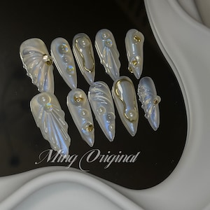 3D Y2K Aurora Mermaid Press on Nails, Aura Seashell With Pearl Reusable ...