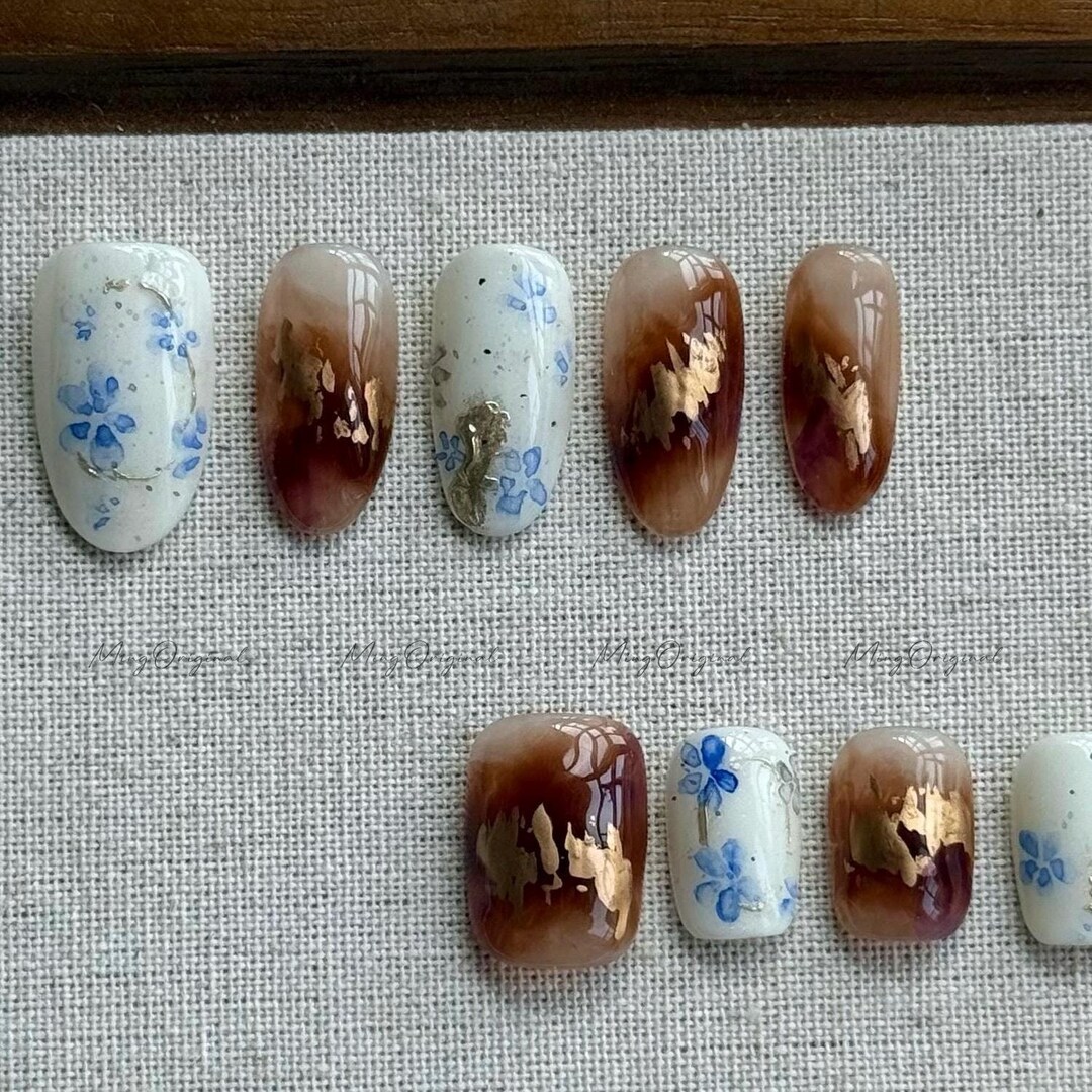 Ceramic Porcelain Flower Press on Nails, Brown Tortoise Shell Amber ...