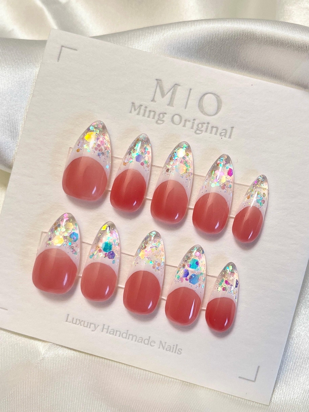 French Tip Sequin Glass Ice Encapsulated Tip Press on Nails, Ombre ...