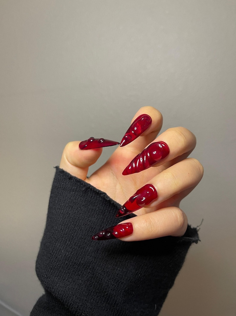 3D Y2K Red Bloody Press on Nails, Semitransparent Halloween Vampires ...
