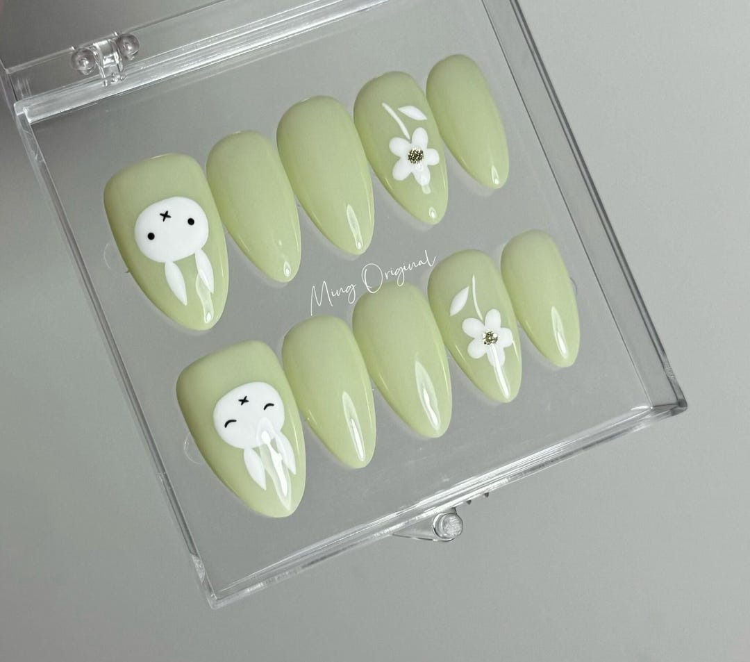 Cute Sleeping Bunny and Flower Press on Nail, Soft Milky Green Color ...