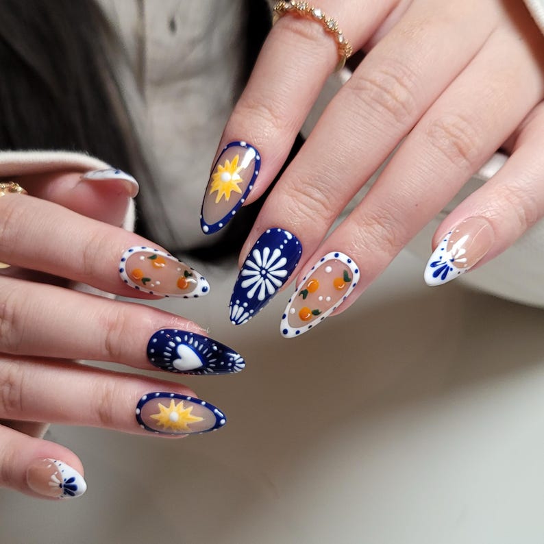 Boho Patch Work French Tip Nail , Porcelain Pattern Talavera ...