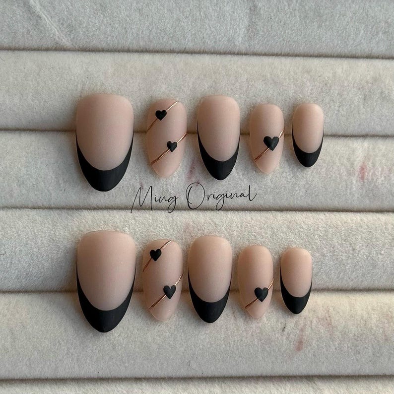 Minimalist Heart and Gold Line Press on Nails, Black French Tip and ...