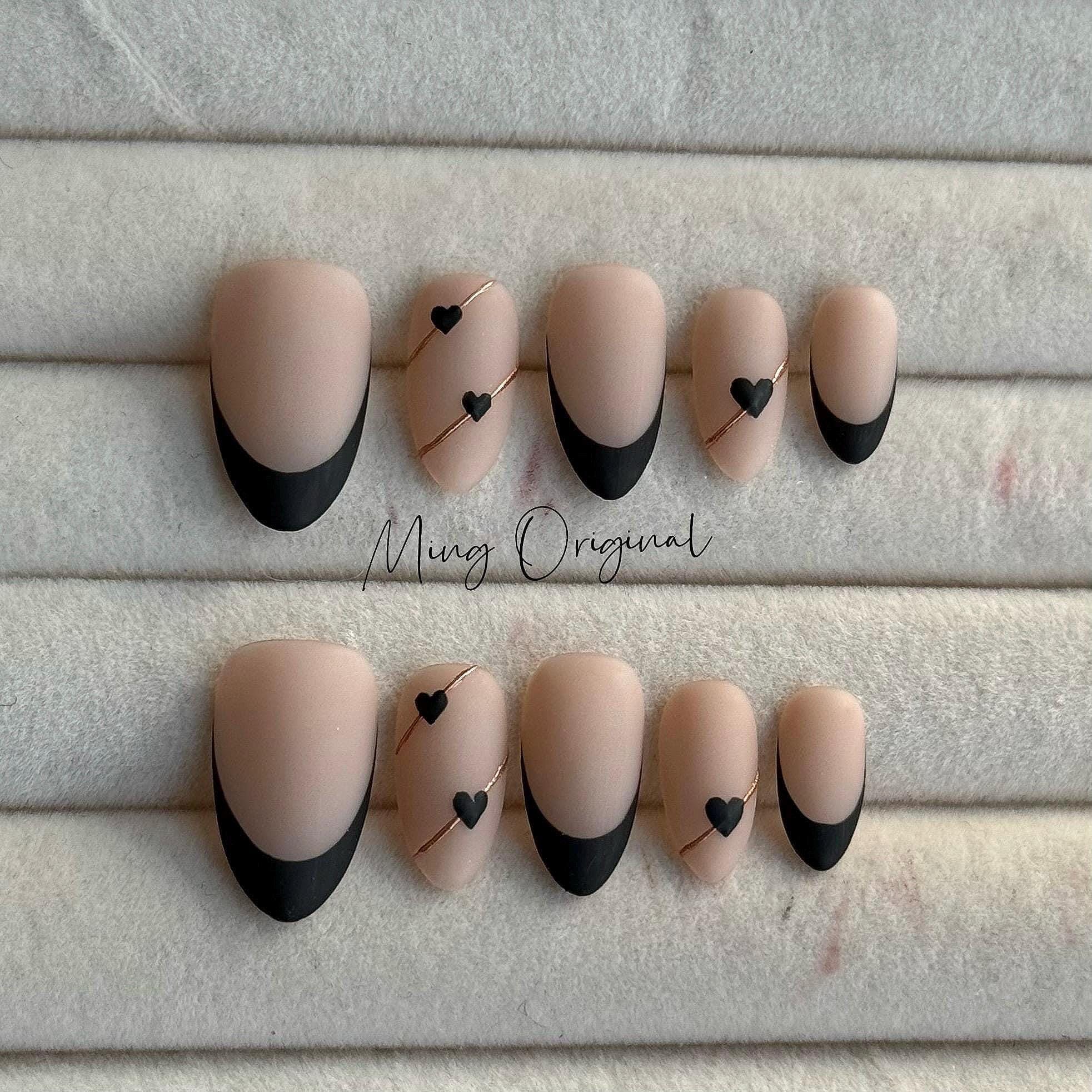 Minimalist Heart and Gold Line Press on Nails, Black French Tip and ...