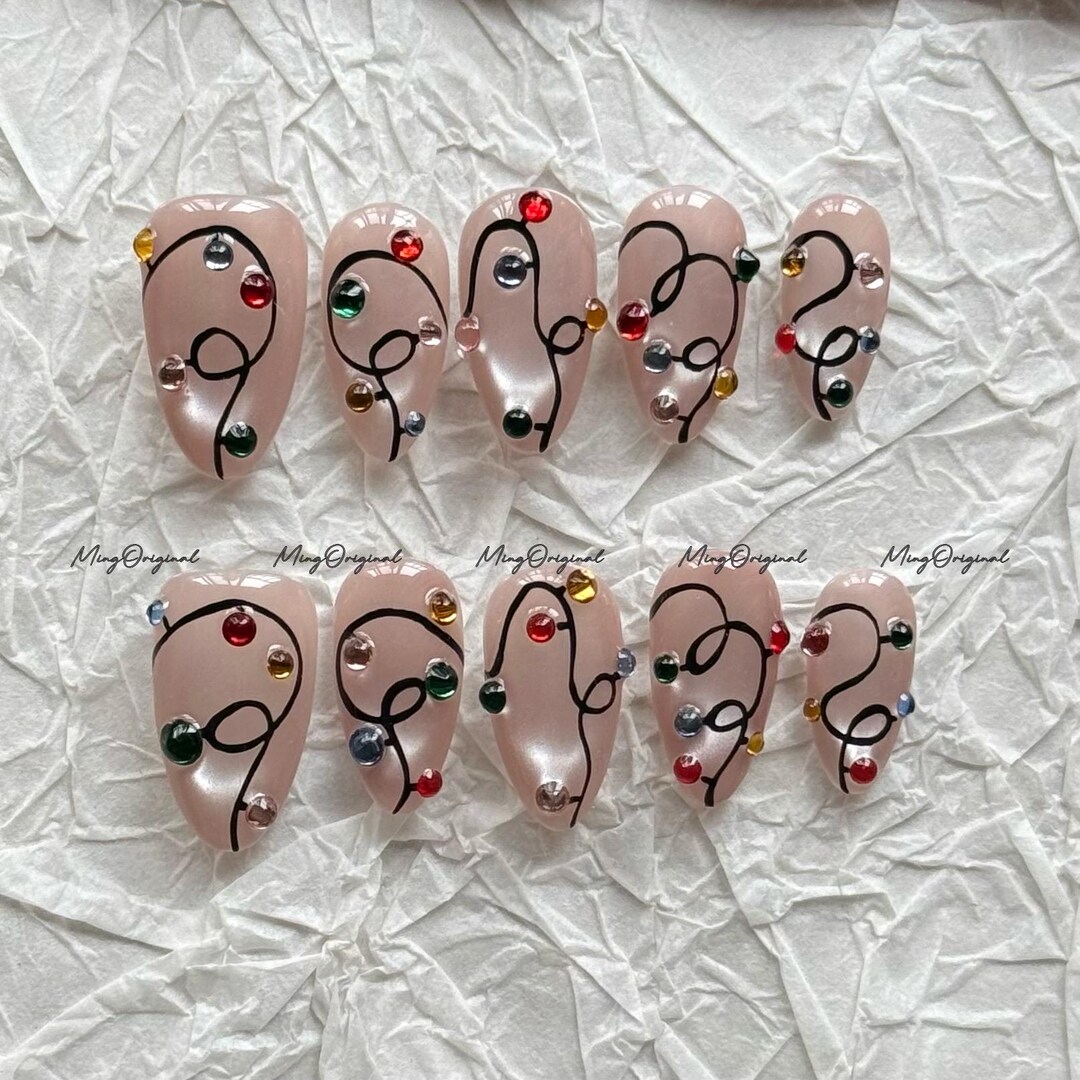 Christmas String Lights Rhinestone With Press on Nails, Cat Eye Nail ...
