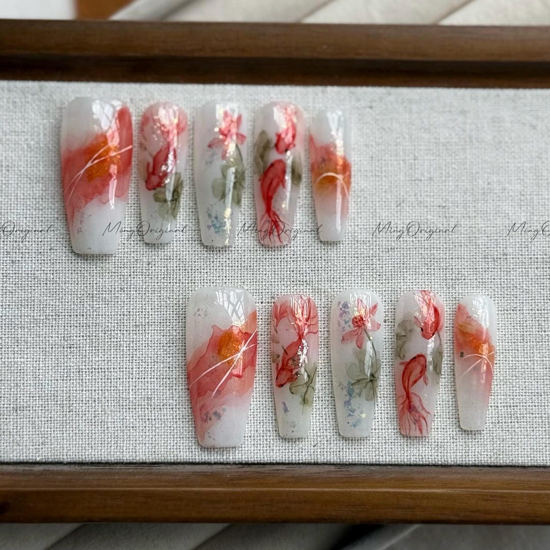 Lucky Red Koi Fish Press on Nails, Hand-painted Water Color Goldfish ...