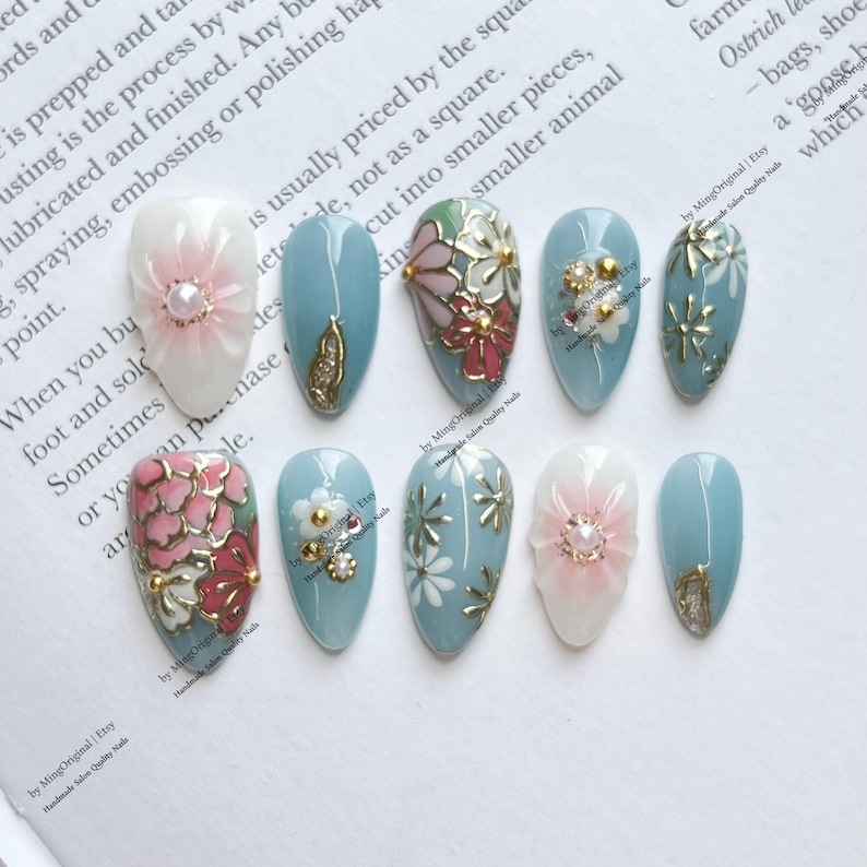 Japanese Style Floral Press on Nails, Dusty Blue 3D Flower Nails With ...