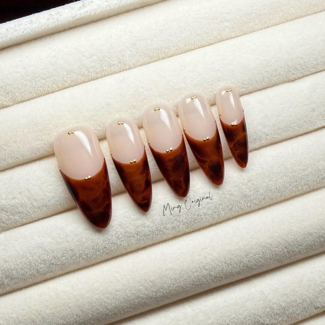 French Tip Tortoise Shell Amber Water Blooming Press on Nails, Jelly ...