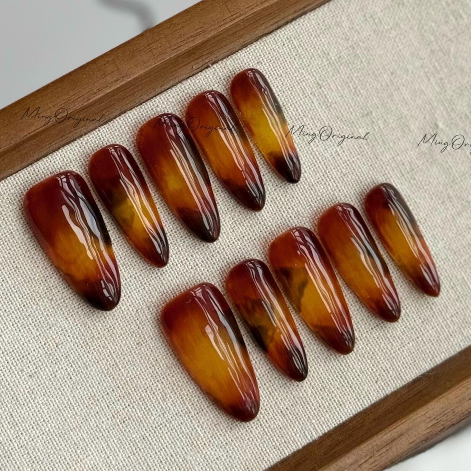 Classic Tortoise Shell Glassy Amber Brown Water Blooming Press on Nails ...