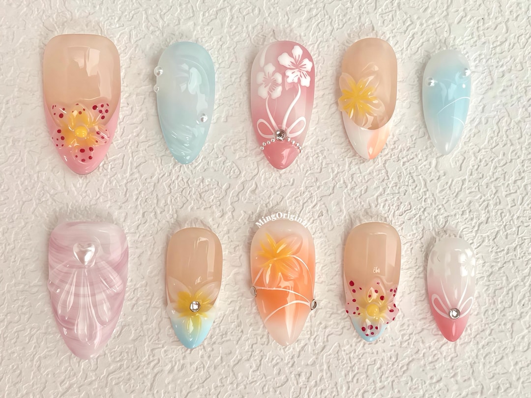 Aloha Bloom Summer Beach Vibe Flower Press on Nails, Colorful 3D Nail ...