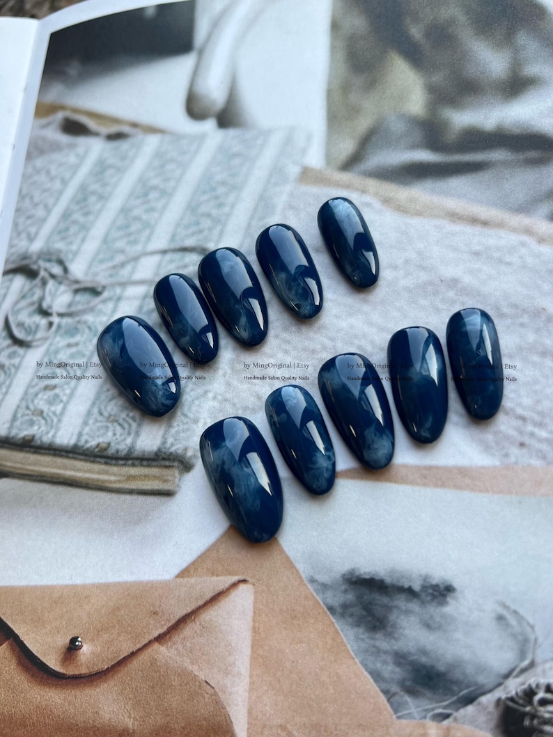 Marble Press-on Nails, Deep Blue Smoke Fake Nails, Abstract Fluid ...