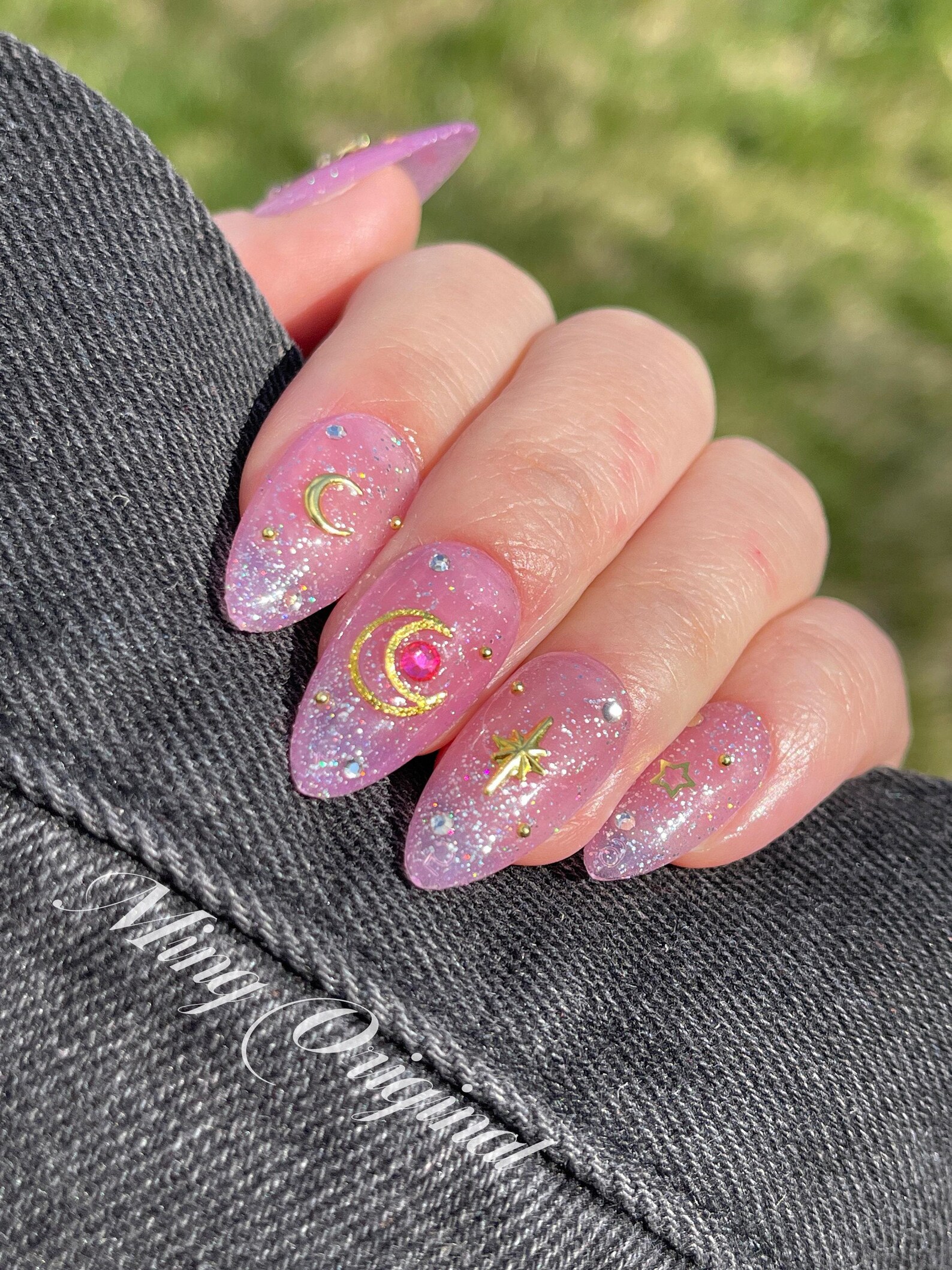 Pink Holographic Glitter Sailor Moon Opal Press on Nail, Pink Gemstone ...