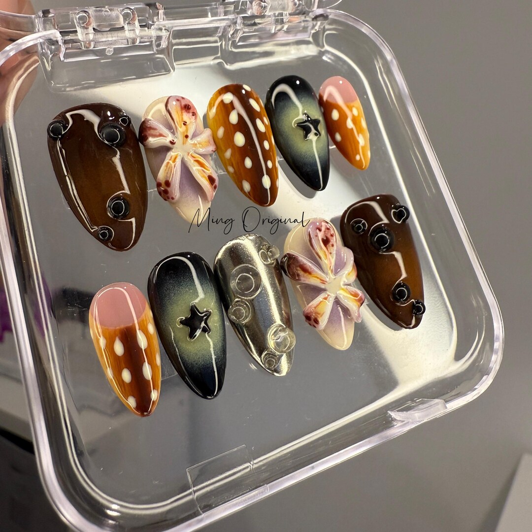 Rainforest Vibe Whimsical Trippy Flower and Sika Deer Press on Nails ...