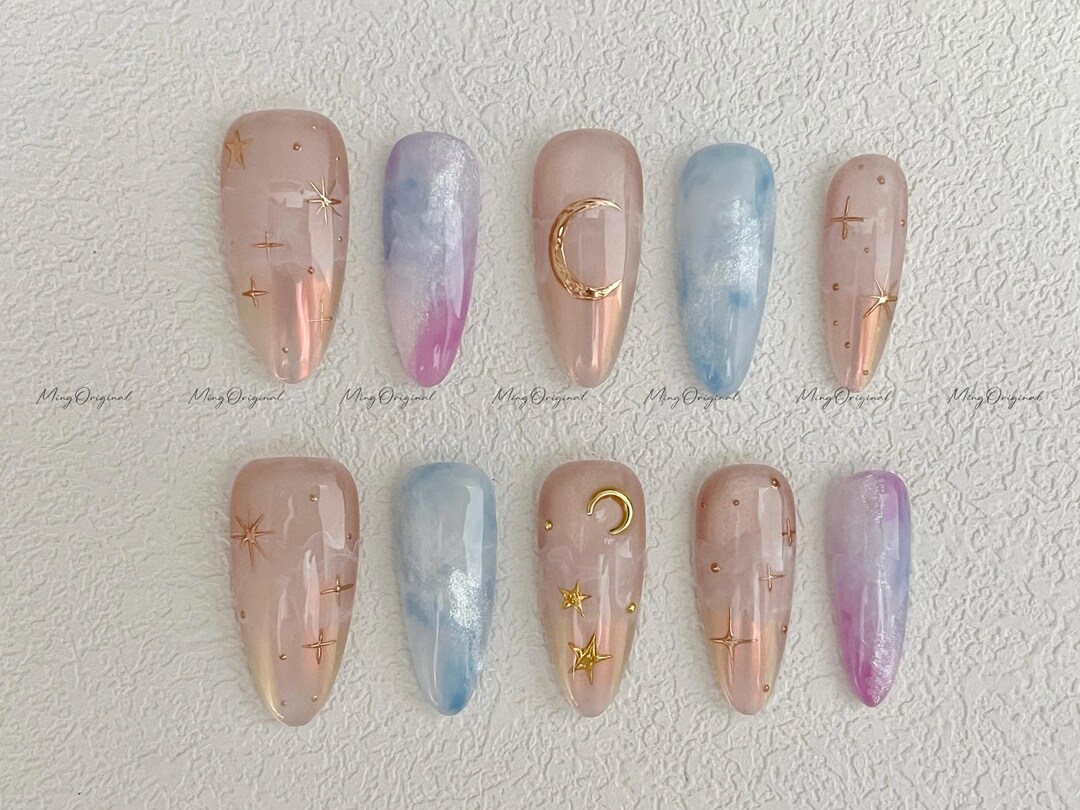 Celestial Bloom Dreamy Cloud Press on Nails, Pink Blue Shimmer Nails ...
