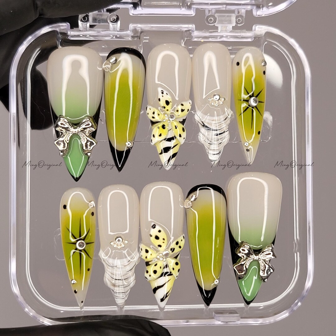 Venom Pop Green Yellow Ombre Press on Nails, Silver Bow Charm, Dotted ...