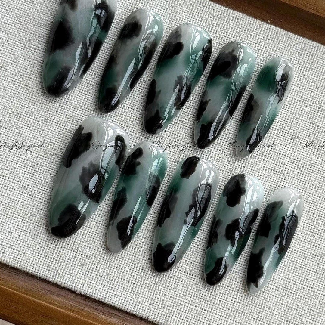 Emerald Green Jade Tortoise Shell Inky Marble Water Blooming Press on ...
