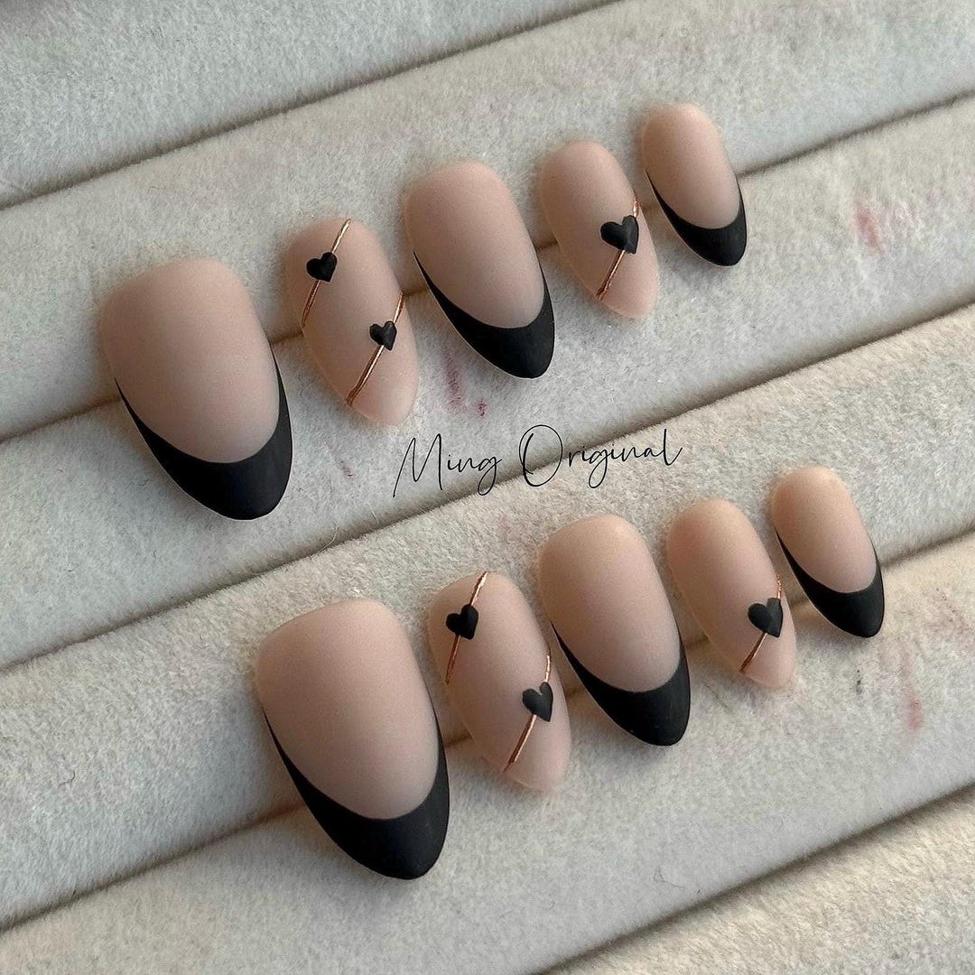Minimalist Heart and Gold Line Press on Nails, Black French Tip and ...