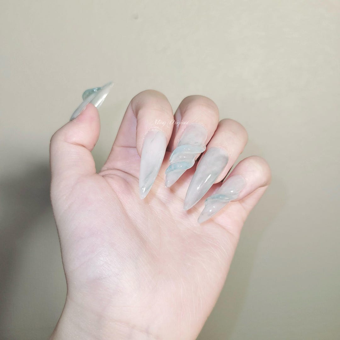 Da Jade | 3D Nail Jade Green N White Water Blooming Press on Nails ...