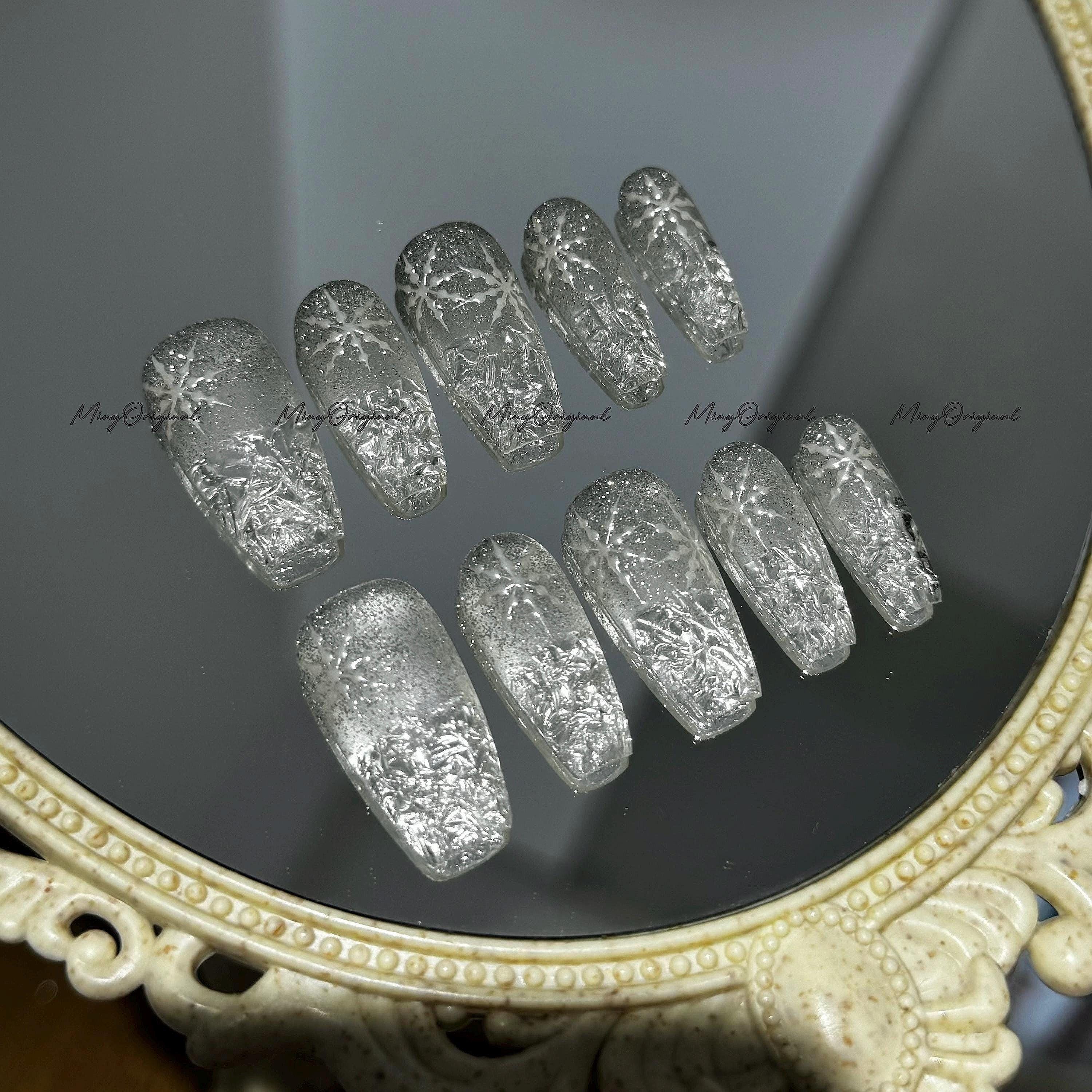 Silver Glitter Christmas Icey Tip Press on Nails, Snowflake Crystal ...