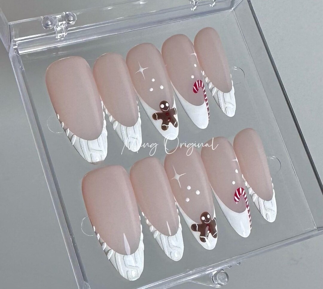 Christmas Gingerbread Man Press on Nail, Candy Cane French Tip 3d ...