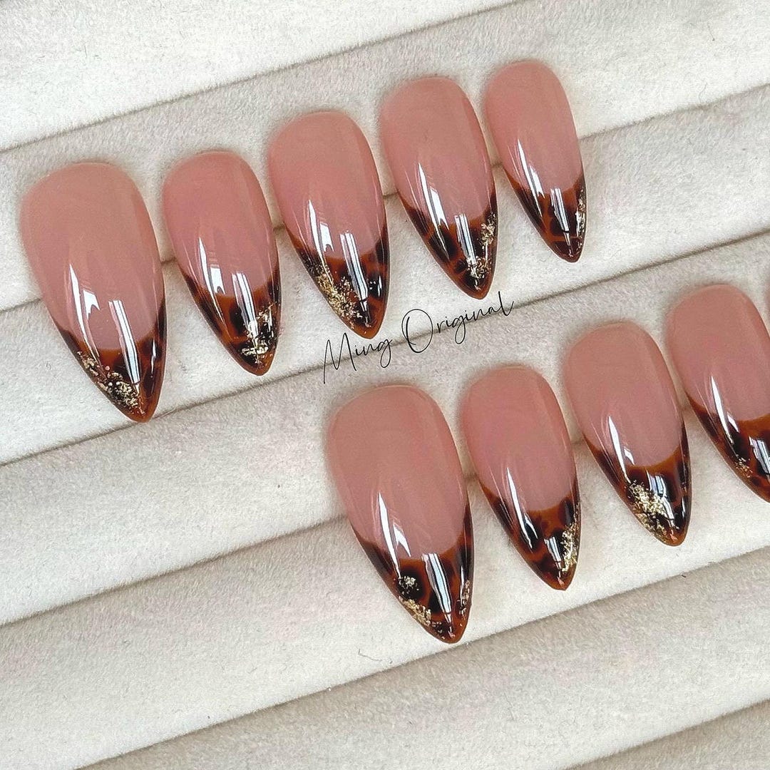 Classic French Tip Tortoise Shell Amber Water Blooming Press on Nails ...