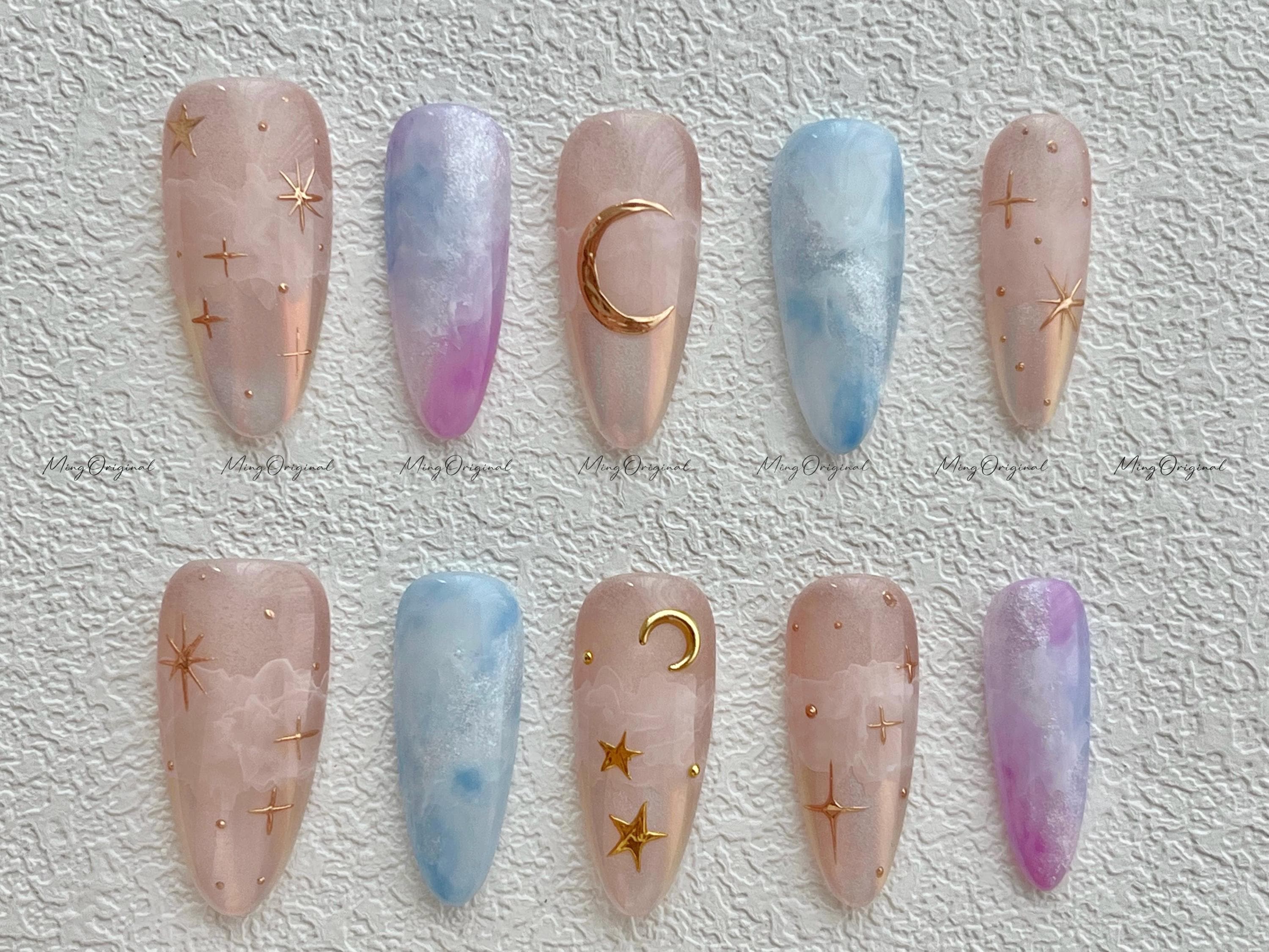 Celestial Bloom Dreamy Cloud Press on Nails, Pink Blue Shimmer Nails ...