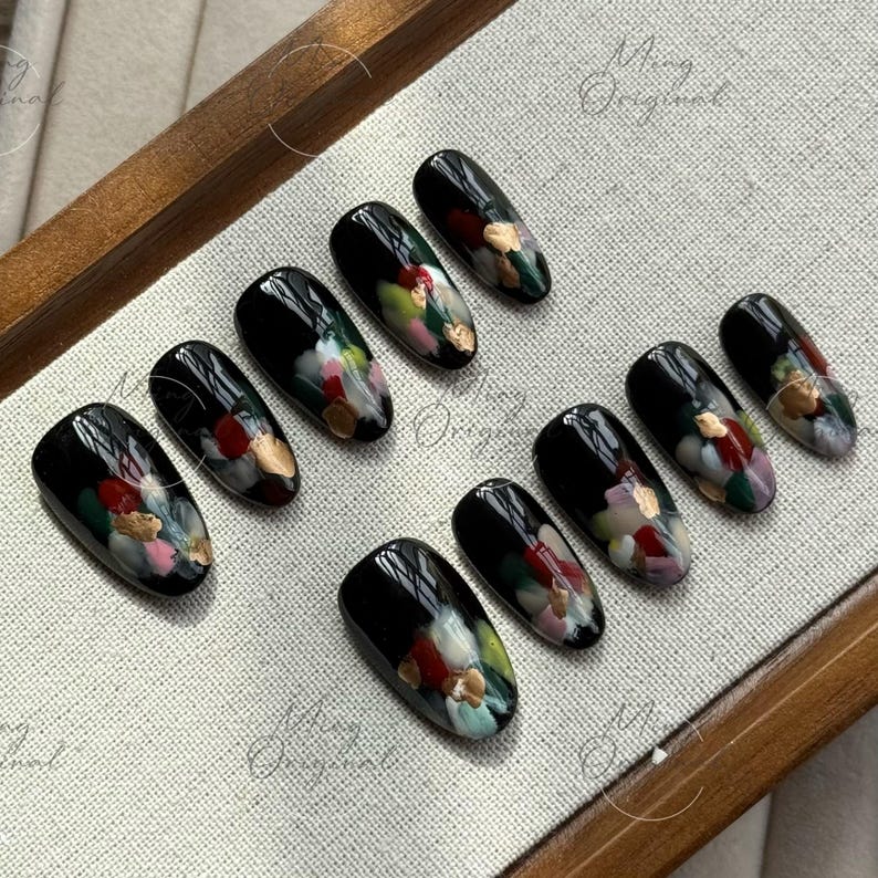 Oil Nocturne | Abstract Press on Nails, Hand-painted Black Nails With ...