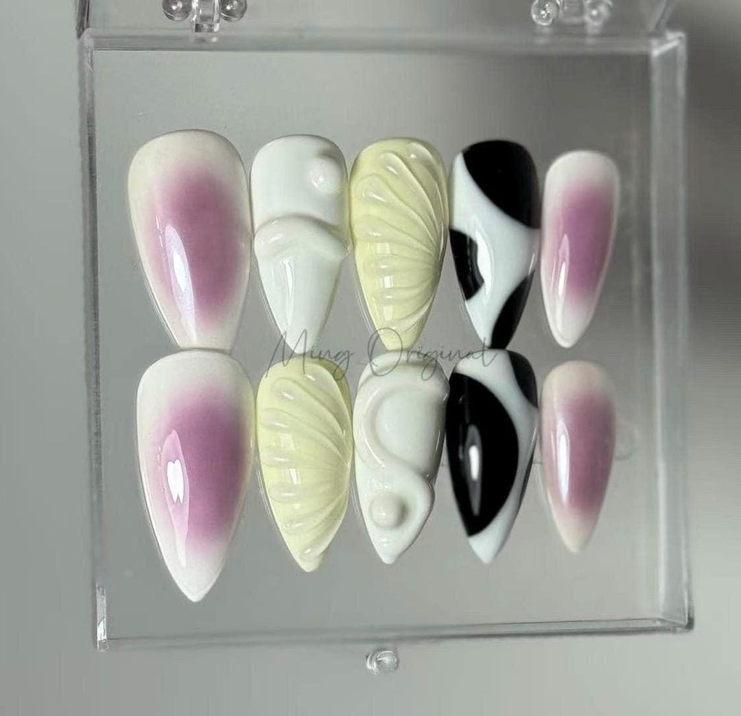 Summer Cute Free Style 3D Swirls, Airbrush Press on Nails, Yellow and ...