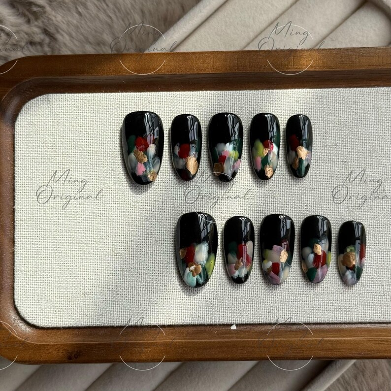 Oil Nocturne | Abstract Press on Nails, Hand-painted Black Nails With ...