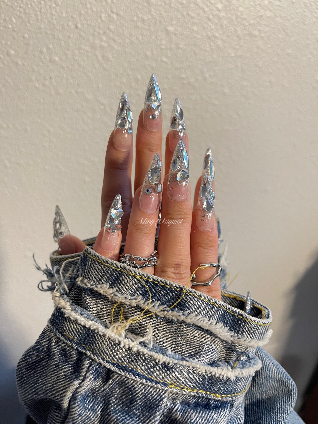 Silver Crystal Glittery Nail Press On, Fake Nails, Ombre Nail, Handmade ...