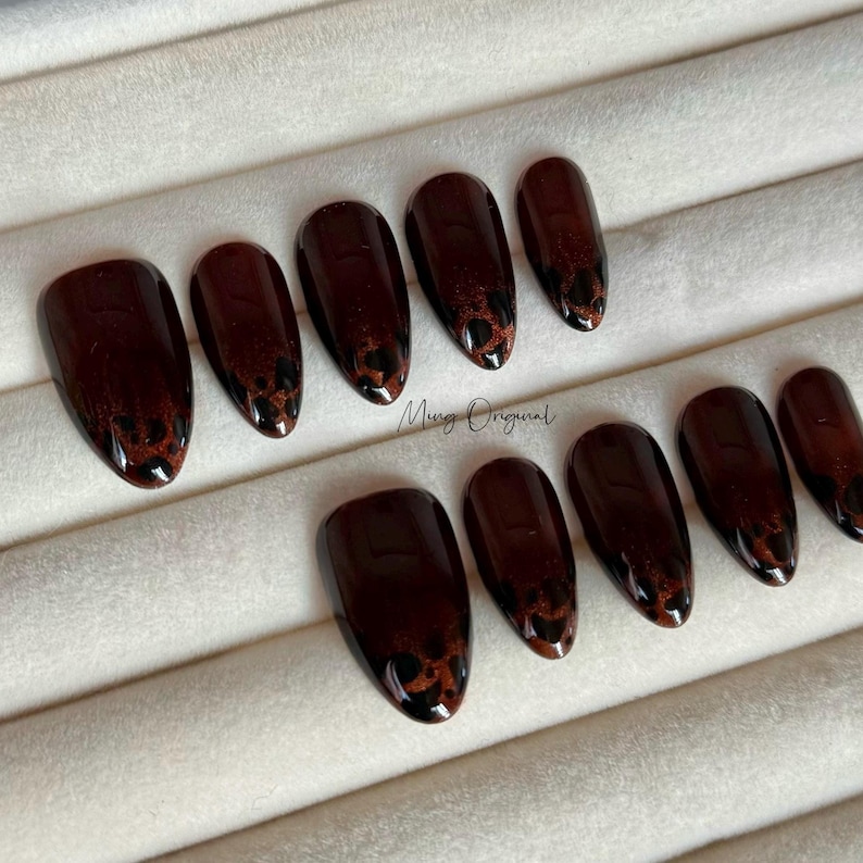 Ombre Cat Eye Amber Tortoise Print Press on Nails, Brown Ombre Tip Nail ...
