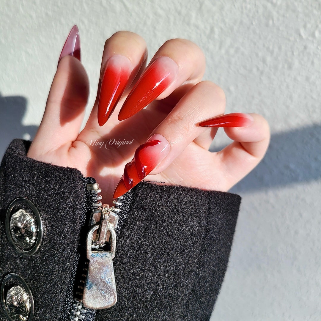 Da Red 3D Nail Ombre Red Press on Nails, Luxury Handmade Nails, Jelly ...