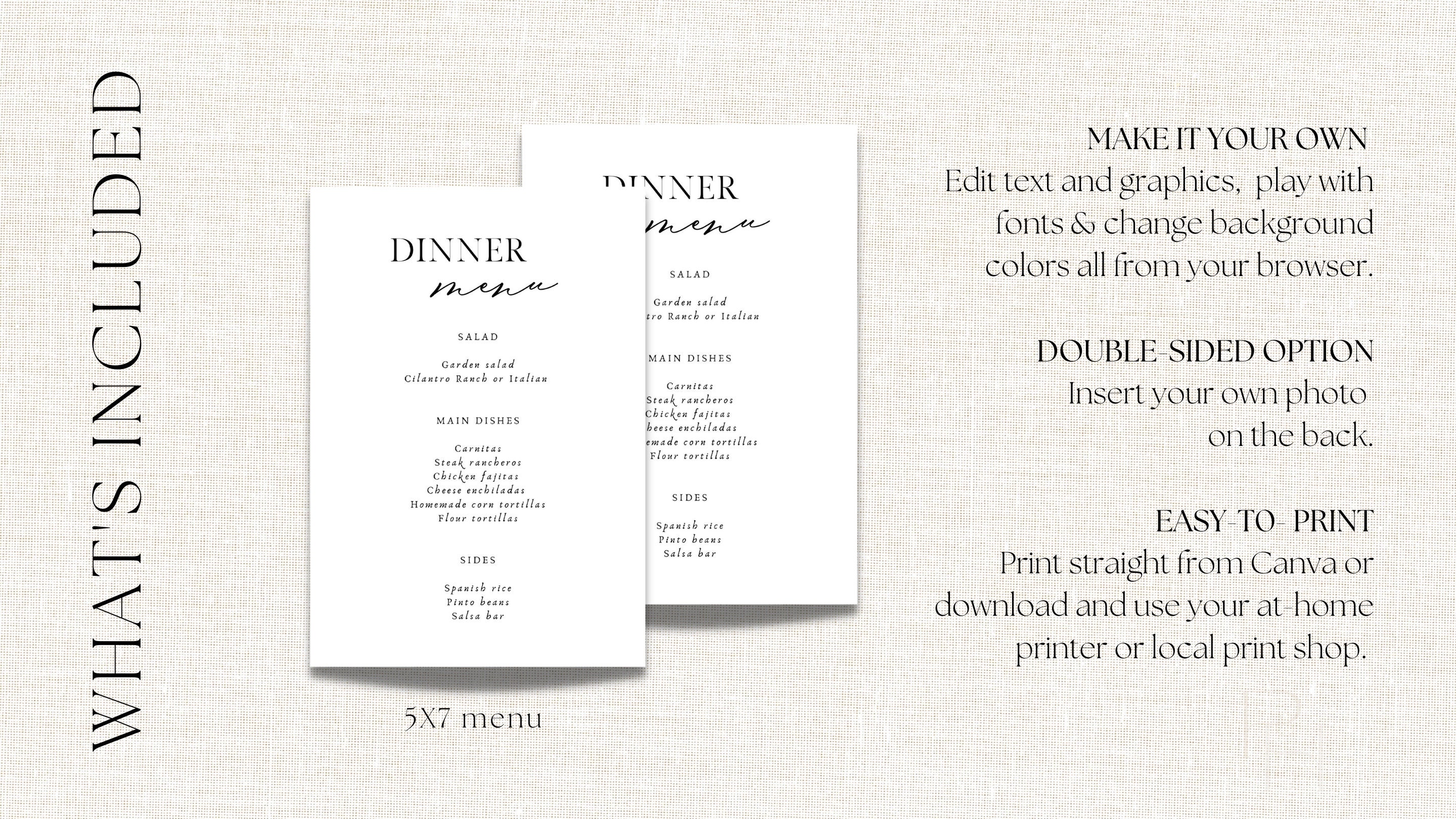 Simple Classic Wedding Menu, INSTANT Download, Printable Design, 5x7 ...