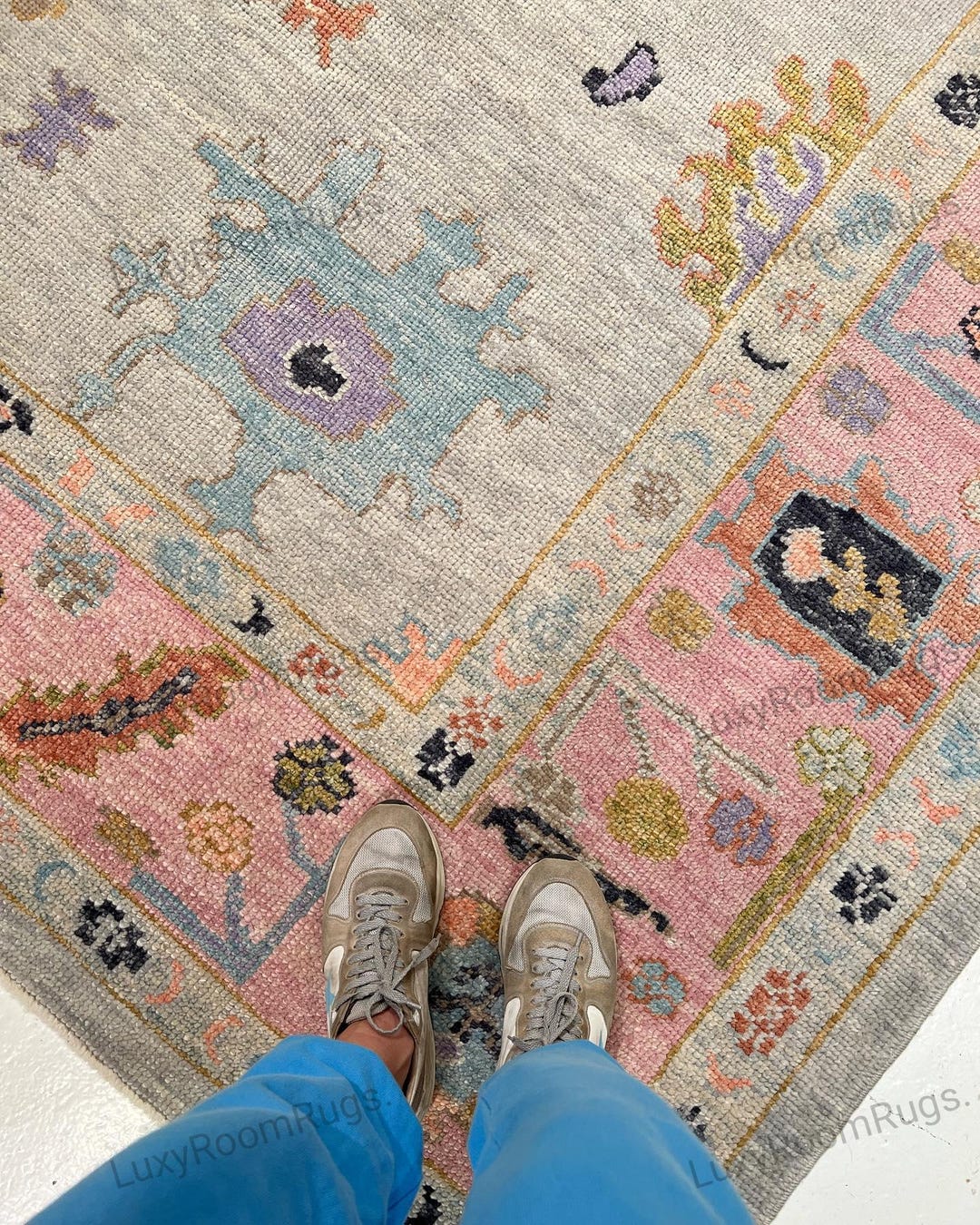 Modern Oushak Rug 8x10, Mint Green Area Rug, Colorful Wool Rug in Pink ...