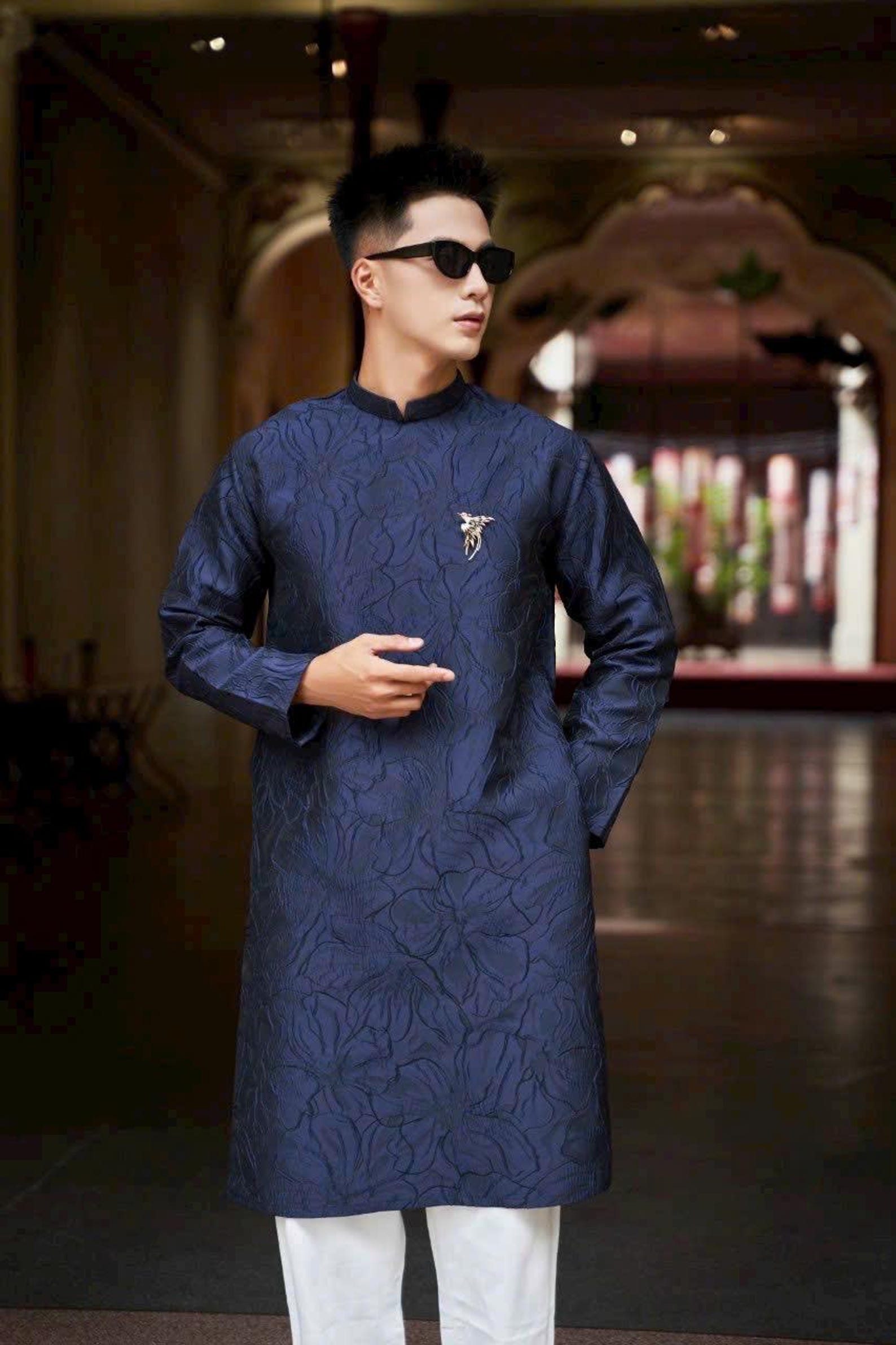 Navy Blue Floral Pattern Men Ao Dai - Etsy