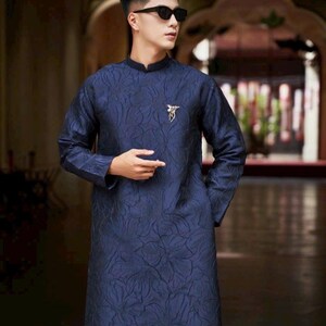 Navy Blue Floral Pattern Men Ao Dai - Etsy