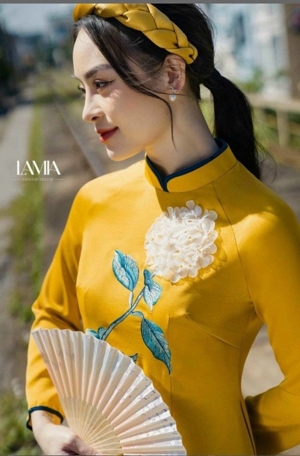 Set Ao Dai Lua Tay Thi Theu - Silk With Embroidery Hydrangea - Etsy