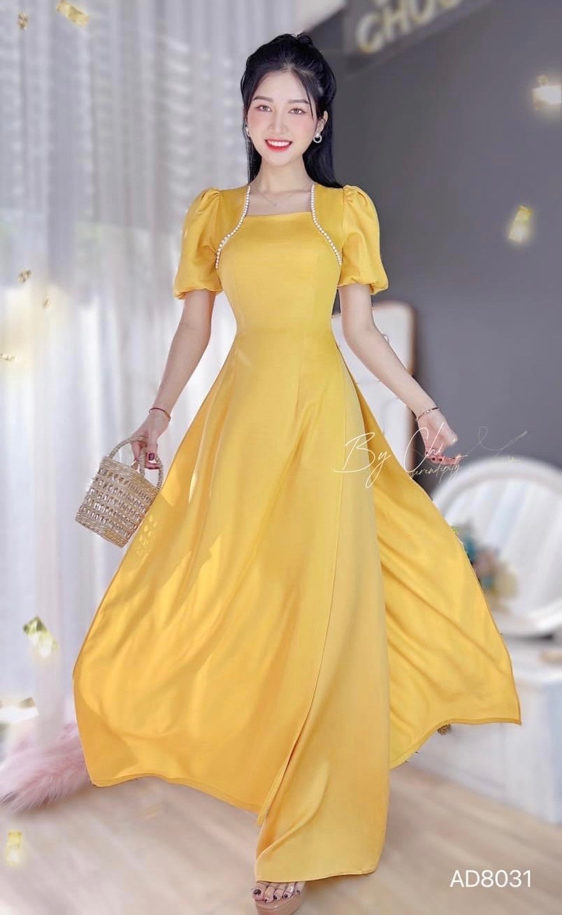 Modern Short Sleeves Gold Ao Dai Set - Etsy