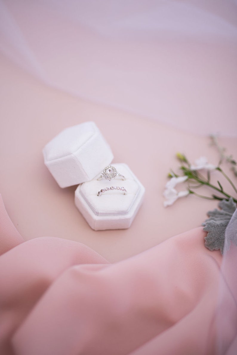 White Velvet Double Ring Box – Hexagon Wedding Ring Box – Engagement ...