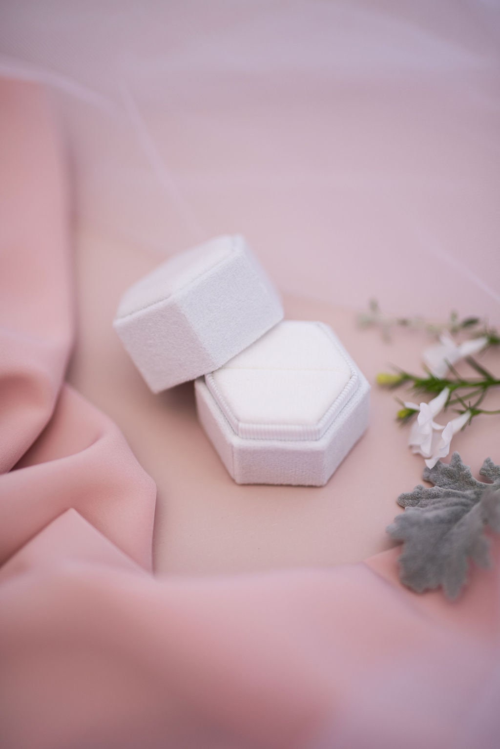 White Velvet Double Ring Box – Hexagon Wedding Ring Box – Engagement ...