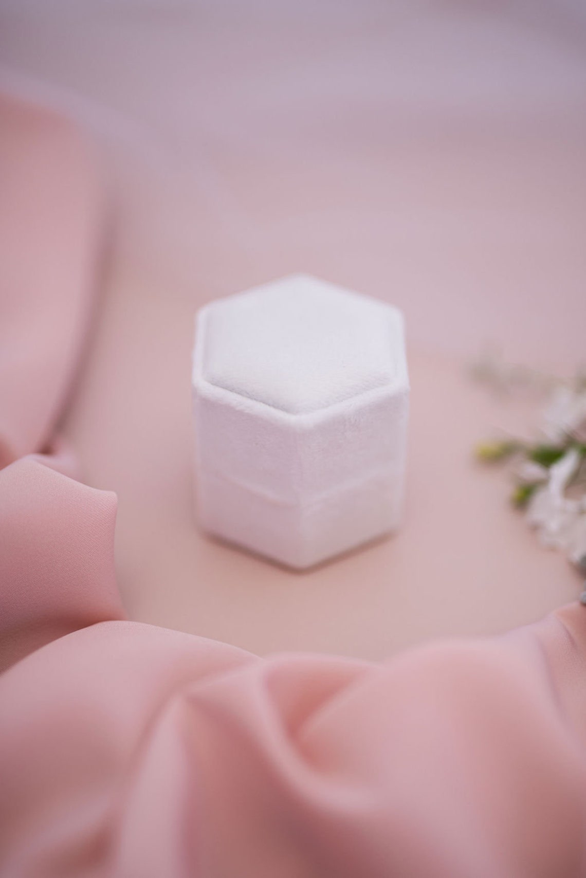 White Velvet Double Ring Box – Hexagon Wedding Ring Box – Engagement ...