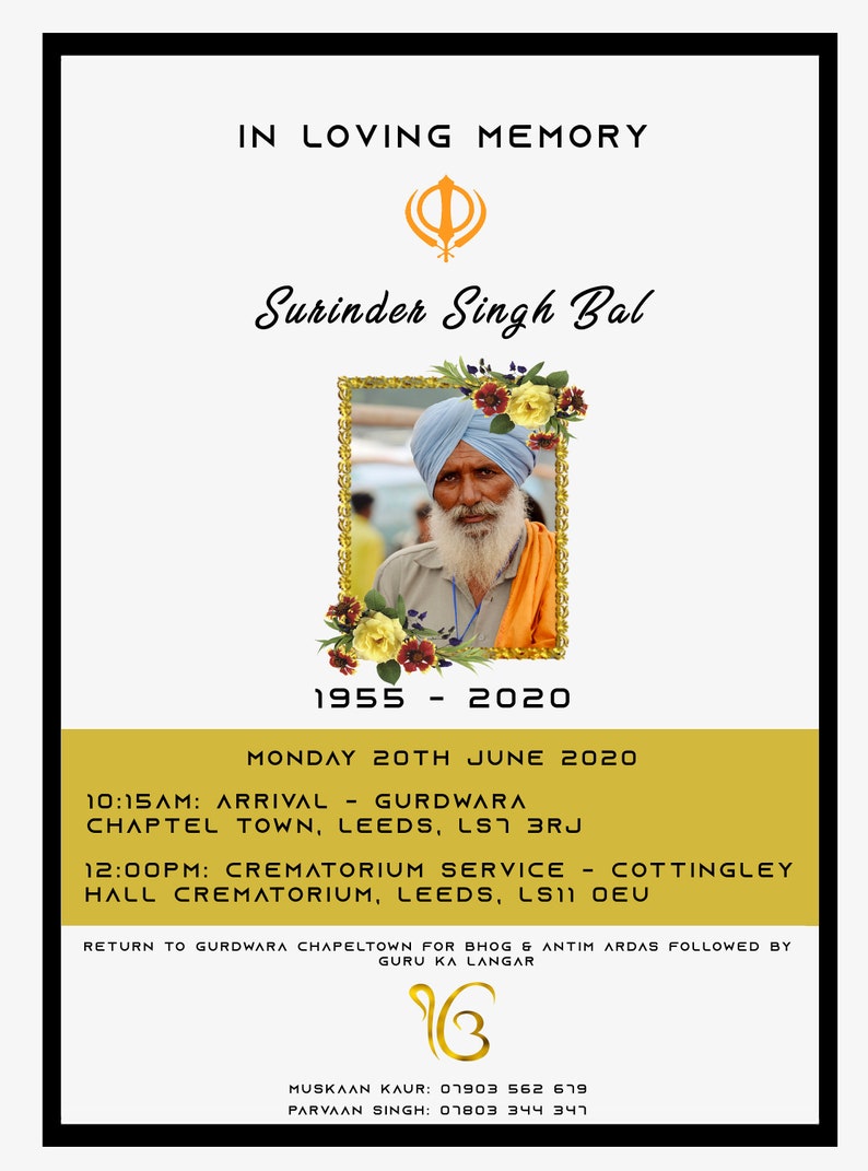 Asian / Punjabi Sikh Punjabi Funeral Programme Personalised, Digital ...