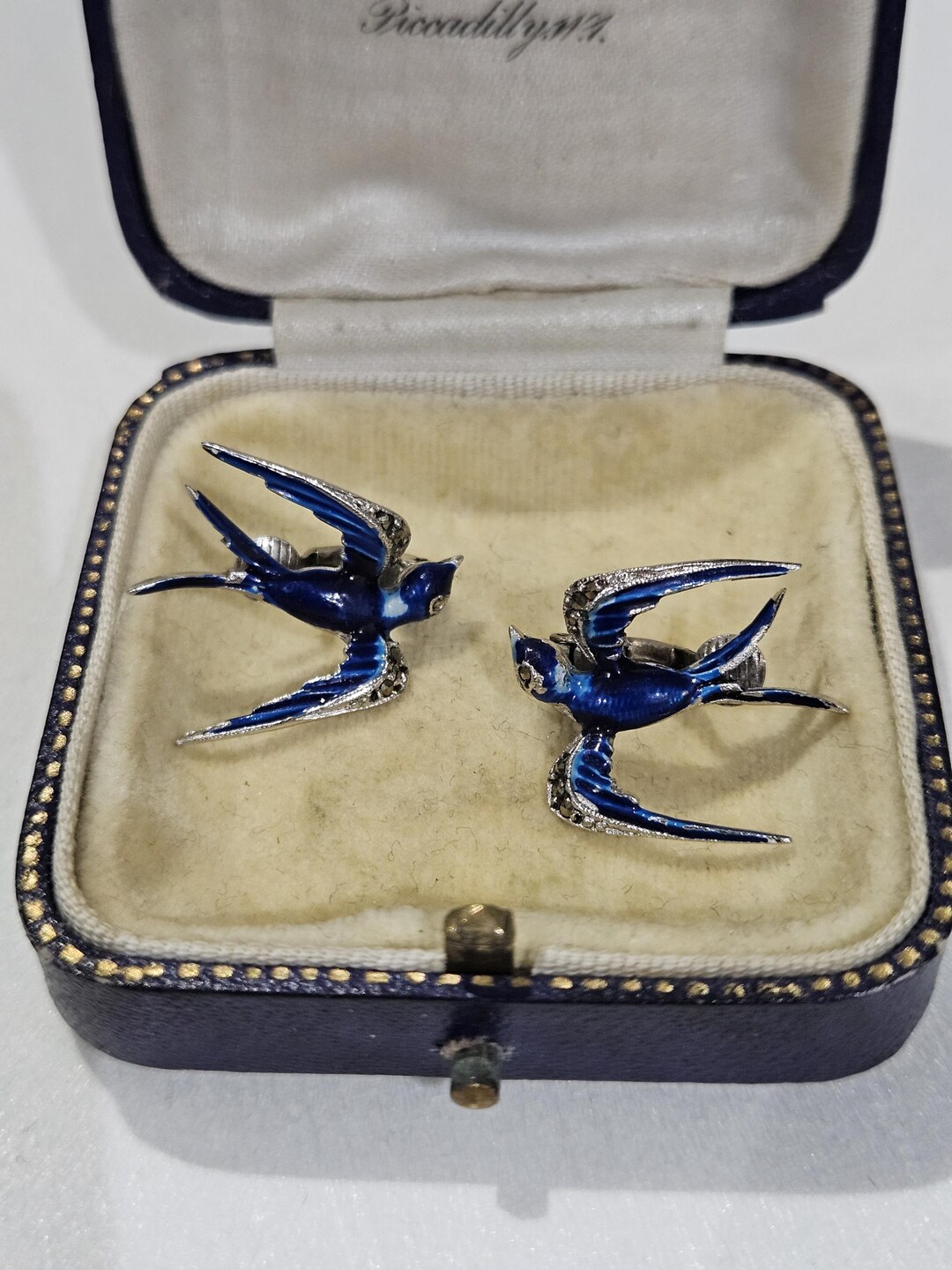 Old Solid Silver Birds Swallow Earrings Clip on Blue Enamel - Etsy