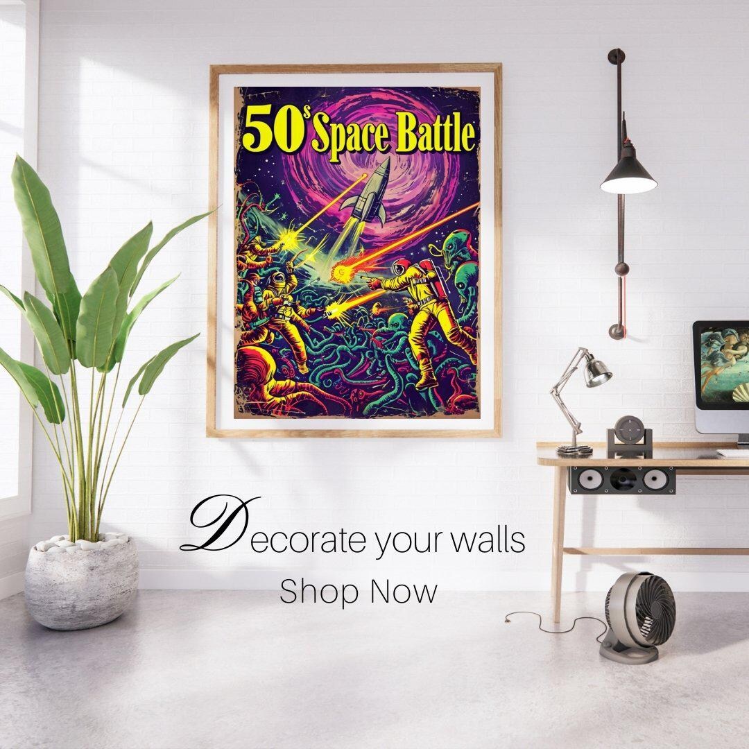 50s Space Battle Vintage Comic Panel Poster – Retro Sci-fi Digital ...