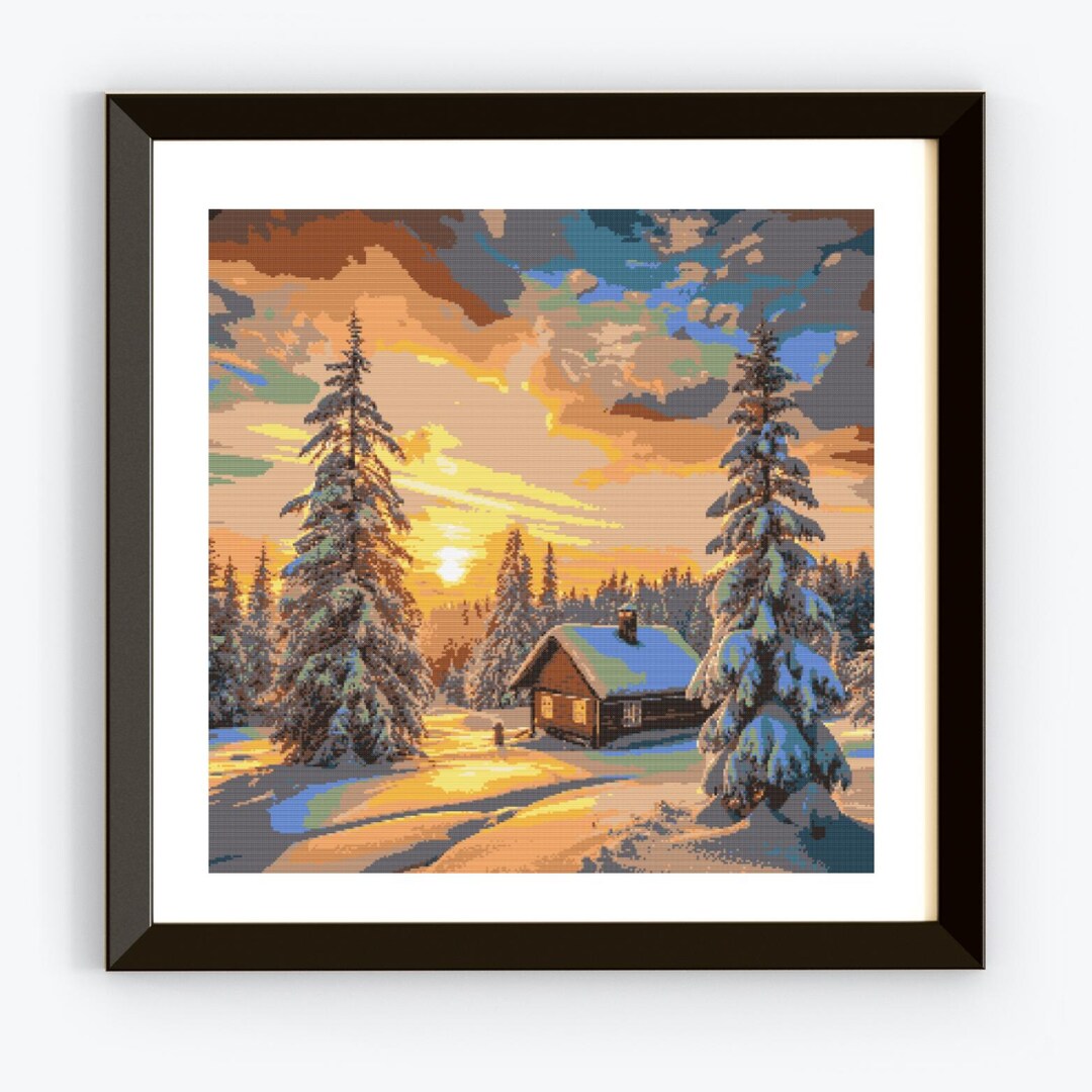 Winter Cabin Cross Stitch Pattern, Scenic Sunset Snowy Landscape ...