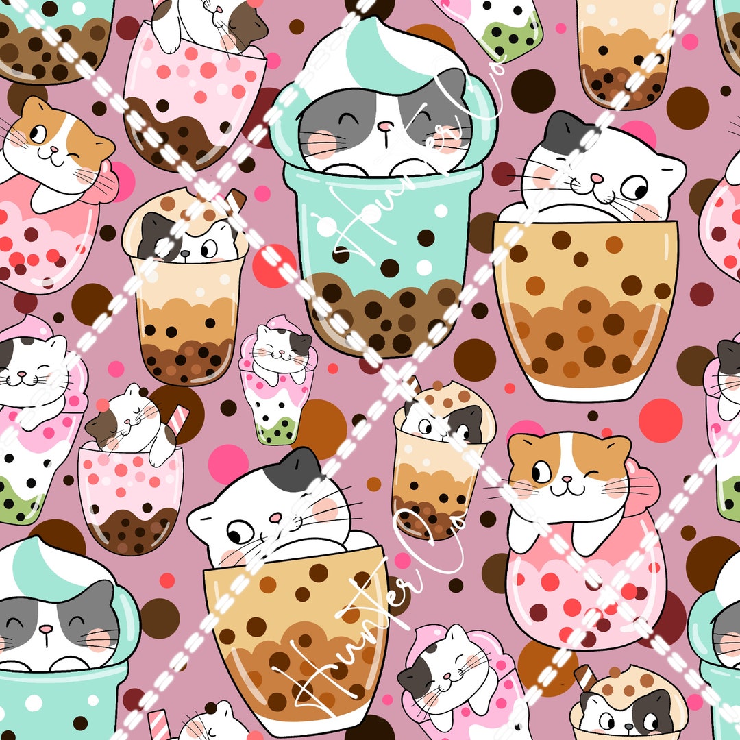 Boba Cats on Dusty Pink Seamless Tile Design - Non Exclusive Fabric ...