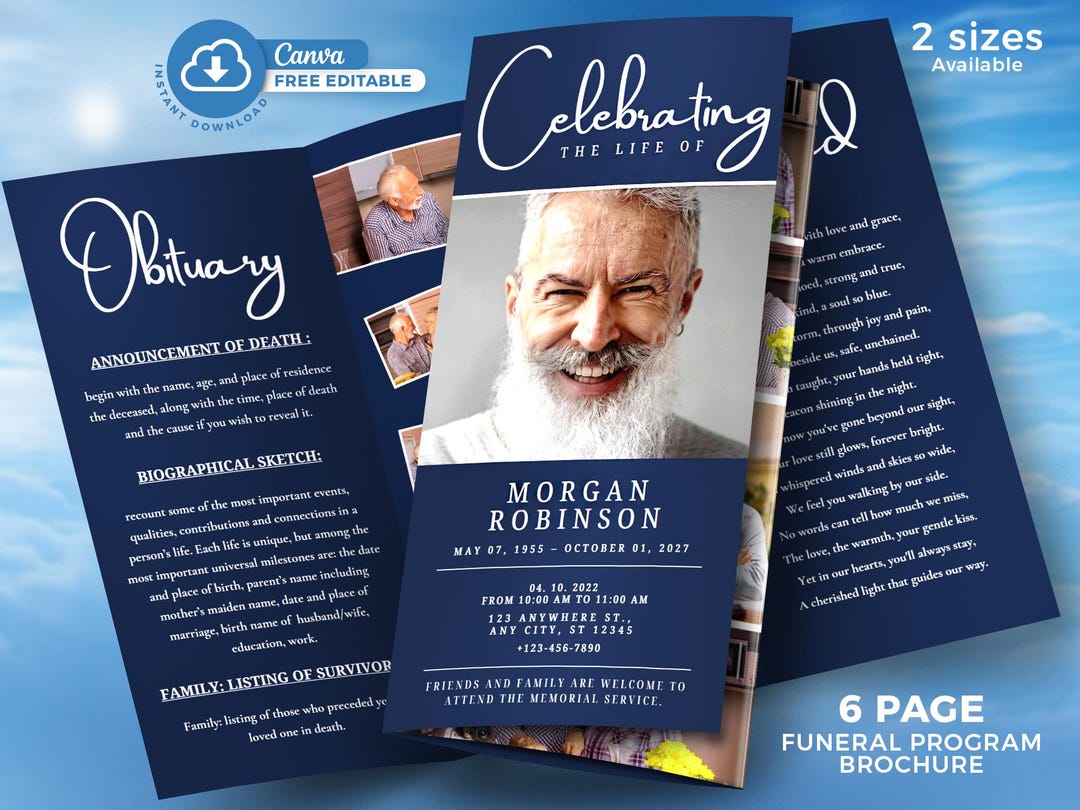 Classic Funeral Program Template for Men, Navy Blue Trifold Obituary ...