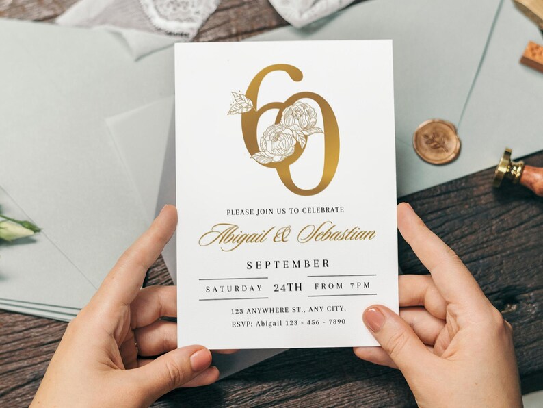 60th Wedding Anniversary Invitation With Foto Elegant Card Golden ...